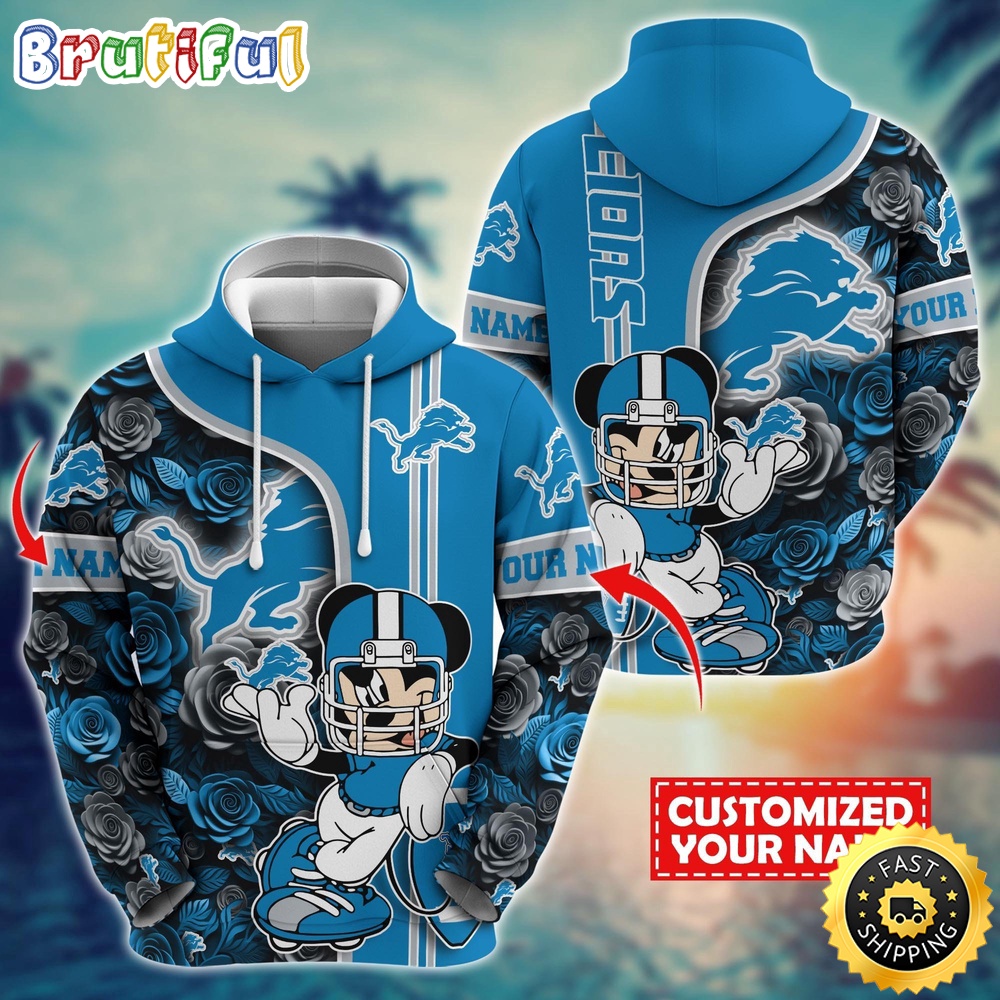 Personalized NFL Detroit Lions Hoodie Mickey Mouse Flower 3D Print Hoodie